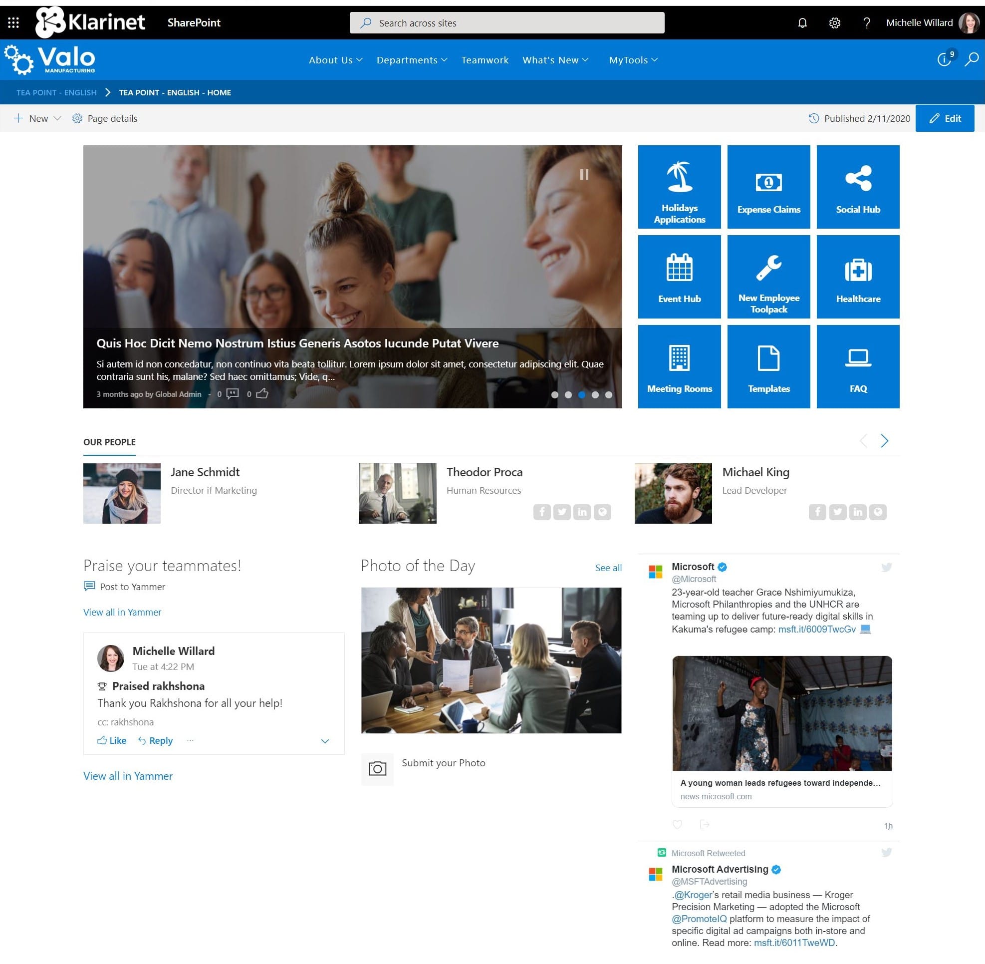 3 Great Examples of SharePoint Intranet Homepages - Klarinet Solutions, LLC